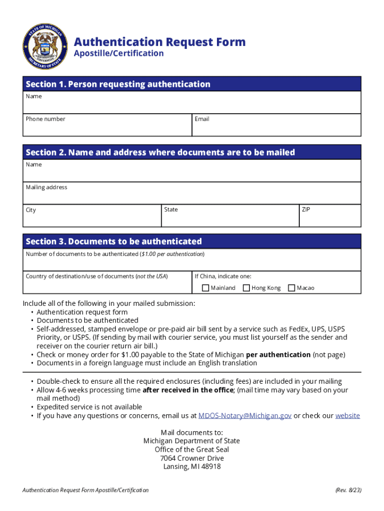 Fillable Online Authentication Request Form Apostille/certification Fax ...