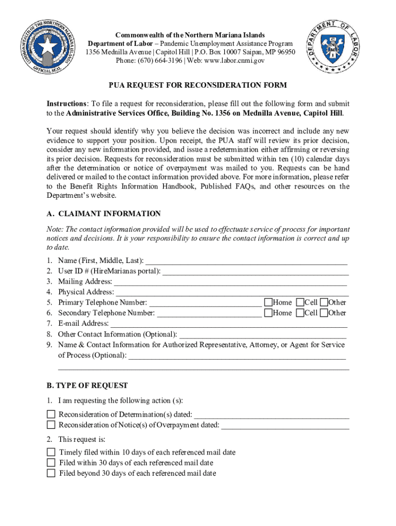 Fillable Online Pandemic Unemployment Assistance Program Reconsideration Request Fax Email Print ...