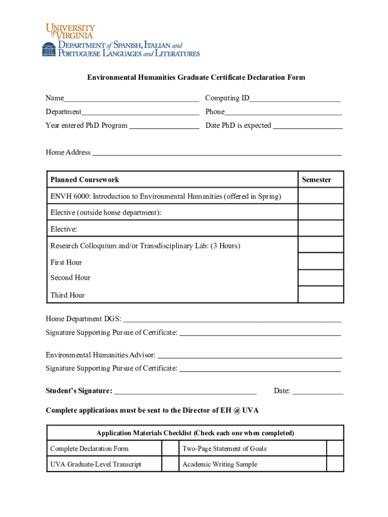 Fillable Online Environmental Humanities Graduate Certificate Declaration Form Fax Email Print ...