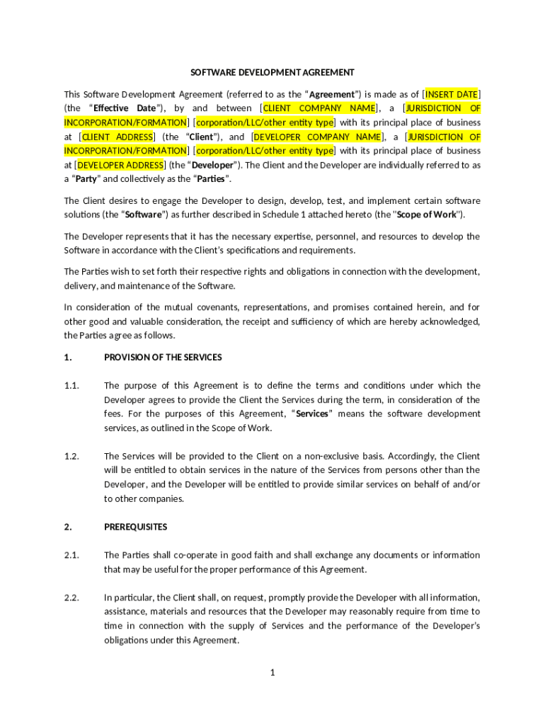 Software Development Agreement Doc Template | pdfFiller
