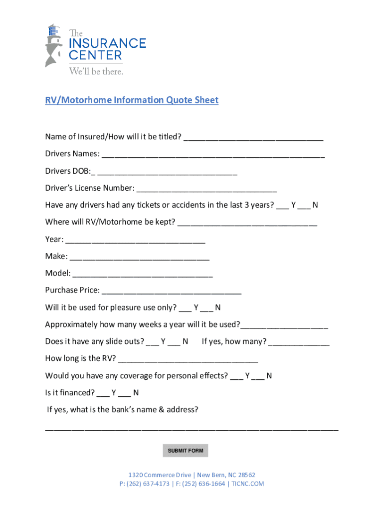 Fillable Online Rv/motorhome Insurance Quote Fax Email Print - pdfFiller