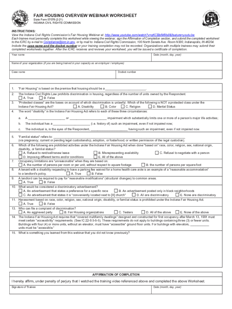 Fillable Online Fair Housing Overview Webinar Worksheet Fax Email Print - pdfFiller