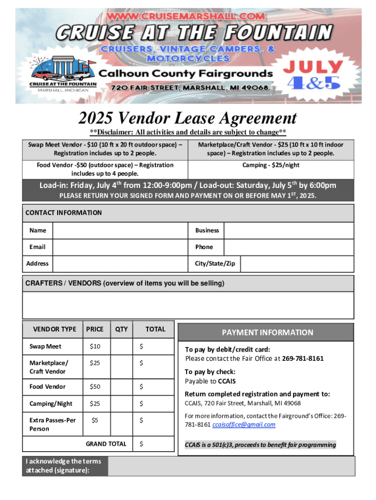 Fillable Online 2025 Vendor Lease Agreement Fax Email Print - pdfFiller