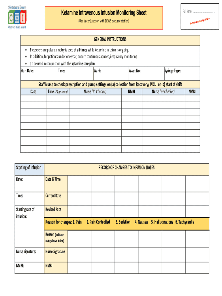 Fillable Online Ketamine Intravenous Infusion Monitoring Sheet Fax ...