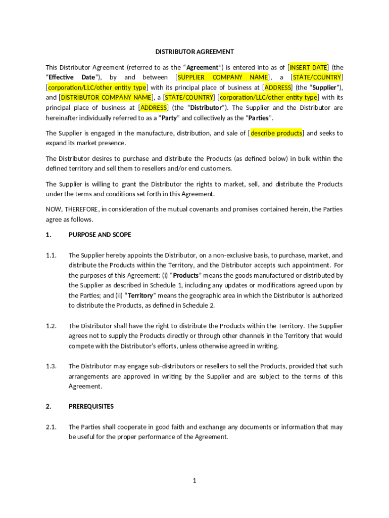 Distributor Agreement Doc Template | pdfFiller