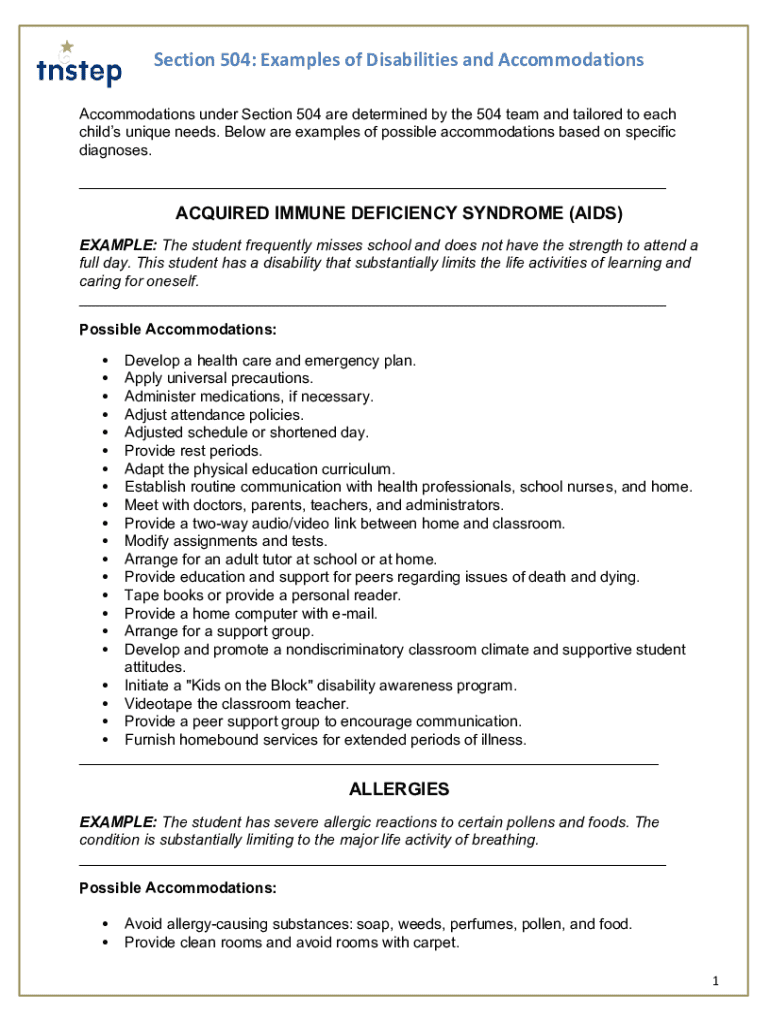 Fillable Online Section 504: Examples of Disabilities and Accommodations Fax Email Print - pdfFiller