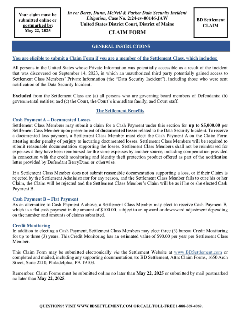 Fillable Online Bd Settlement Claim Form Fax Email Print - pdfFiller