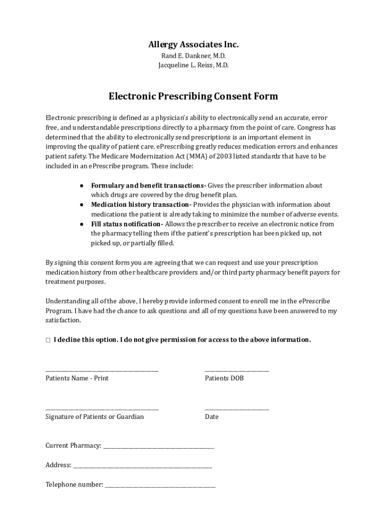 Fillable Online Electronic Prescribing Consent Form Fax Email Print - pdfFiller