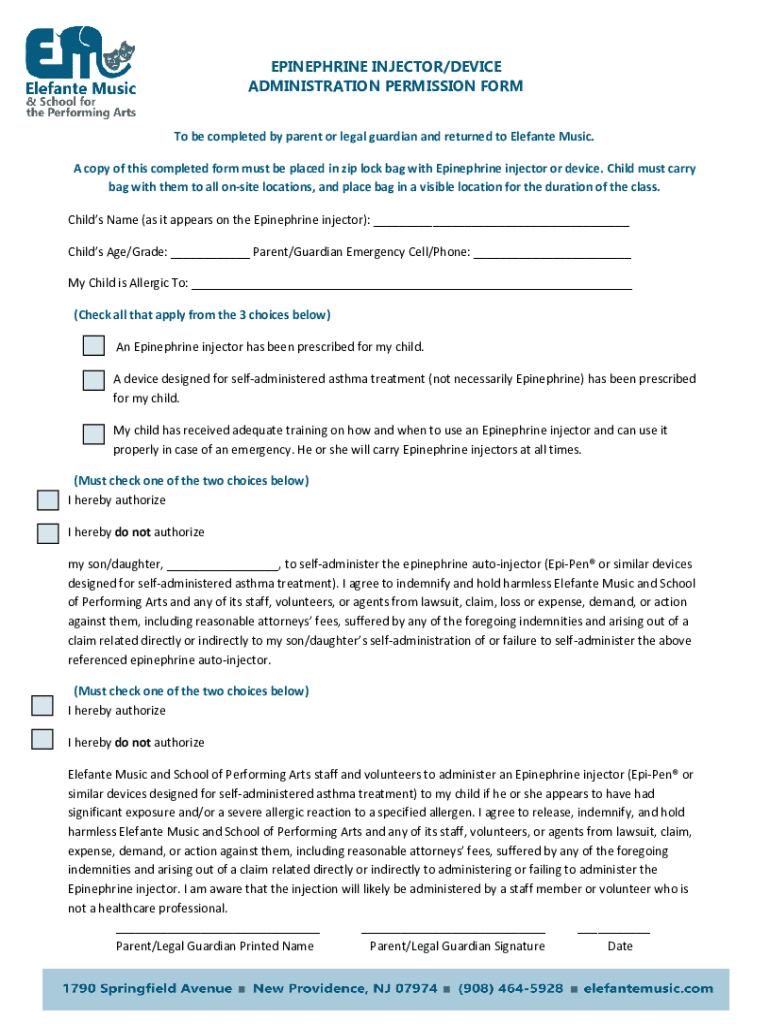 Fillable Online Epinephrine Injector Administration Permission Fax ...