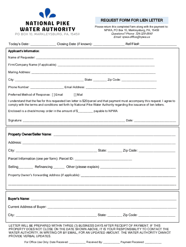 Fillable Online Request Form for Lien Letter Fax Email Print - pdfFiller