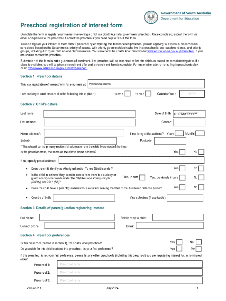 Fillable Online Preschool Registration of Interest Fax Email Print - pdfFiller