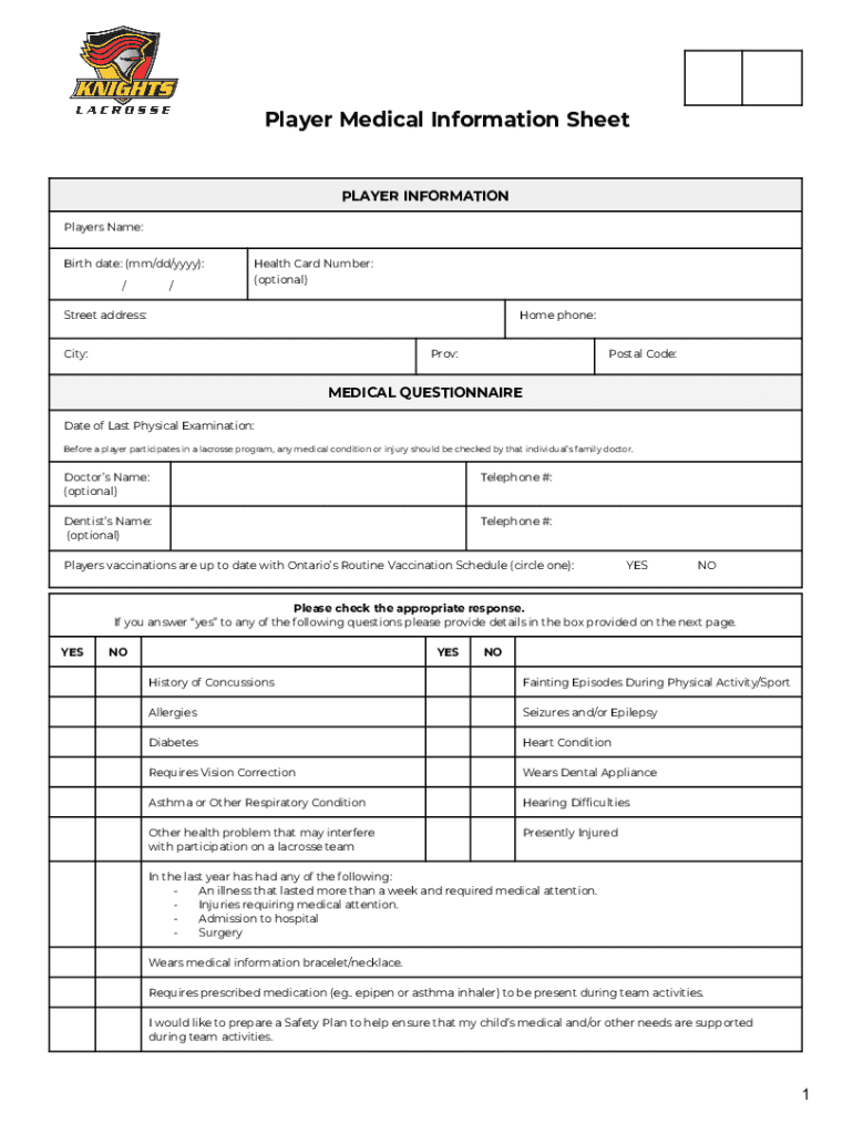 Fillable Online Player Medical Information Sheet Fax Email Print - pdfFiller