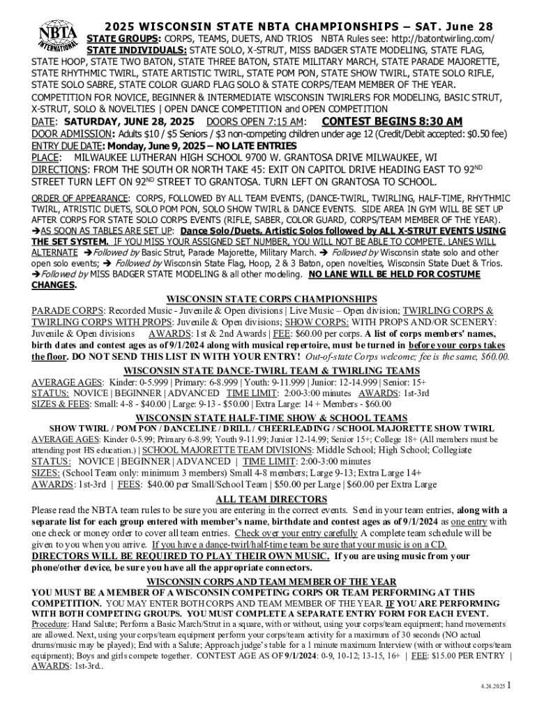 Fillable Online 2025 Wisconsin State Nbta Championships Entry Form Fax Email Print - pdfFiller
