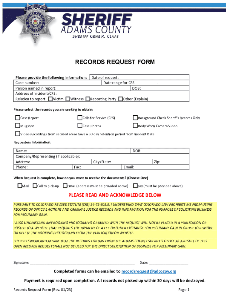 Fillable Online Adams County Records Request Fax Email Print - pdfFiller