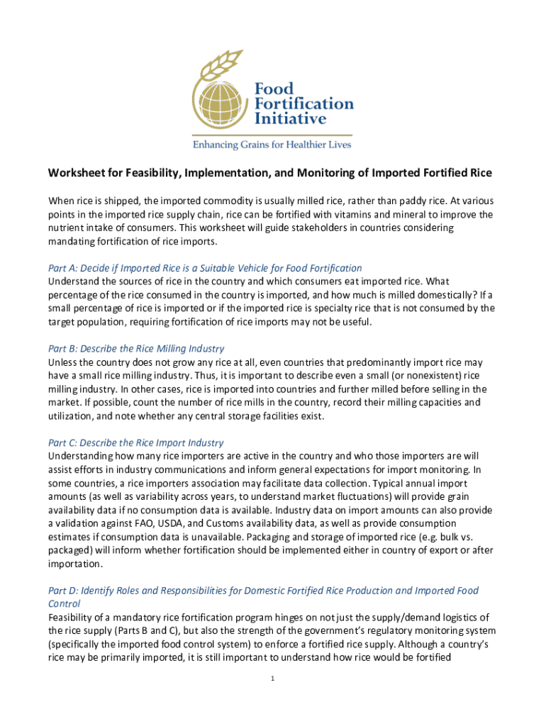 Fillable Online Worksheet for Feasibility, Implementation, and Monitoring of Imported Fortified ...