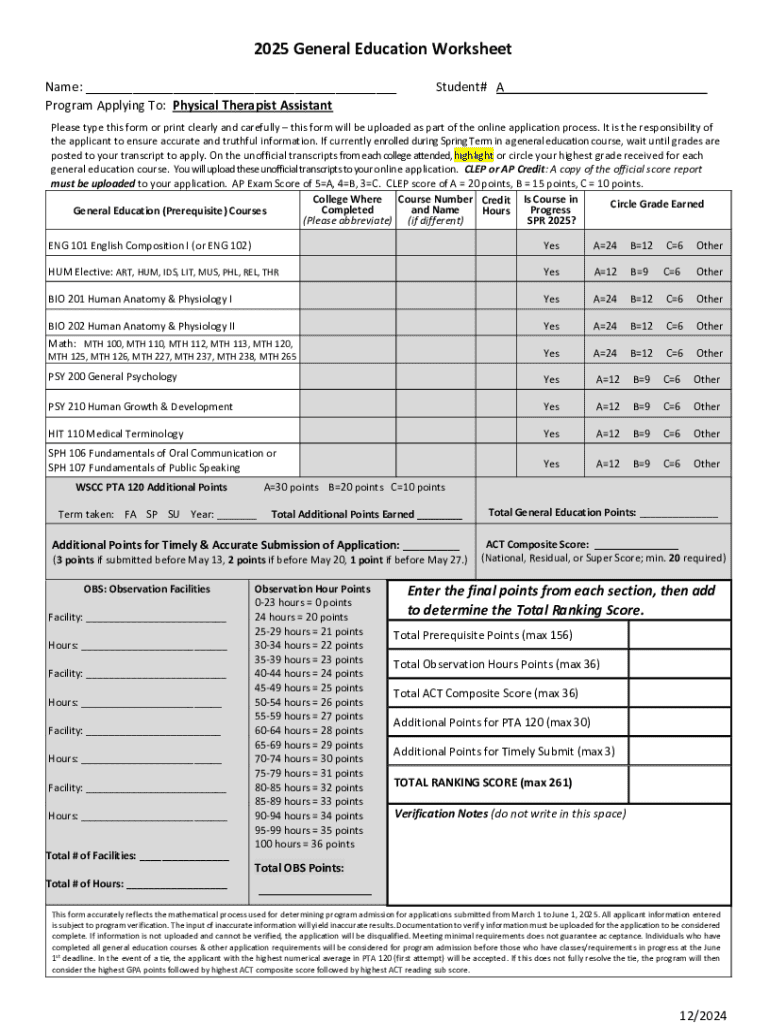 Fillable Online 2025 General Education Worksheet for Physical Therapist ...