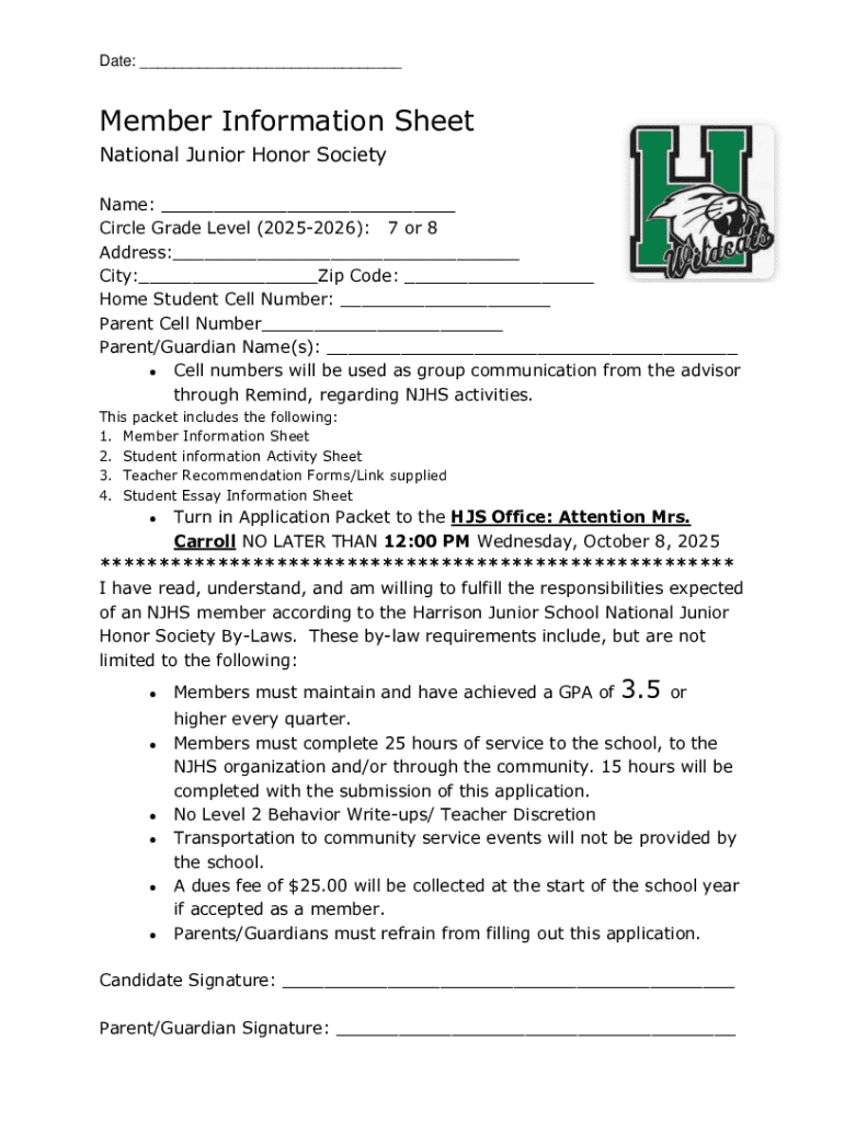 Fillable Online National Junior Honor Society Application Fax Email Print - pdfFiller