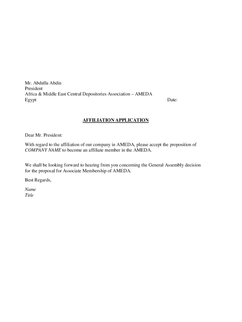 Fillable Online Affiliation Application to Ameda Fax Email Print - pdfFiller