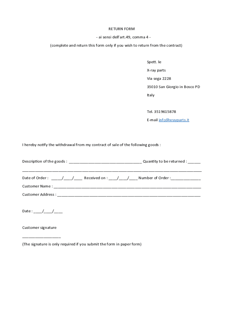 Fillable Online Return Form for Contract Withdrawal Fax Email Print - pdfFiller
