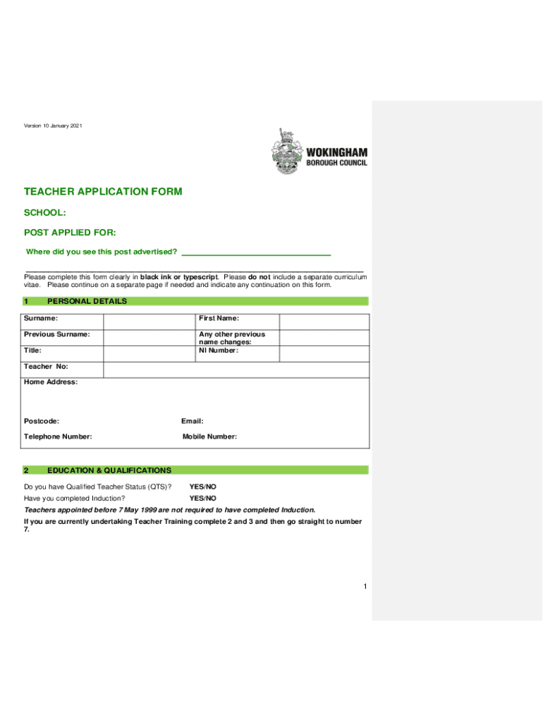 Fillable Online Teacher Application Form Fax Email Print - pdfFiller