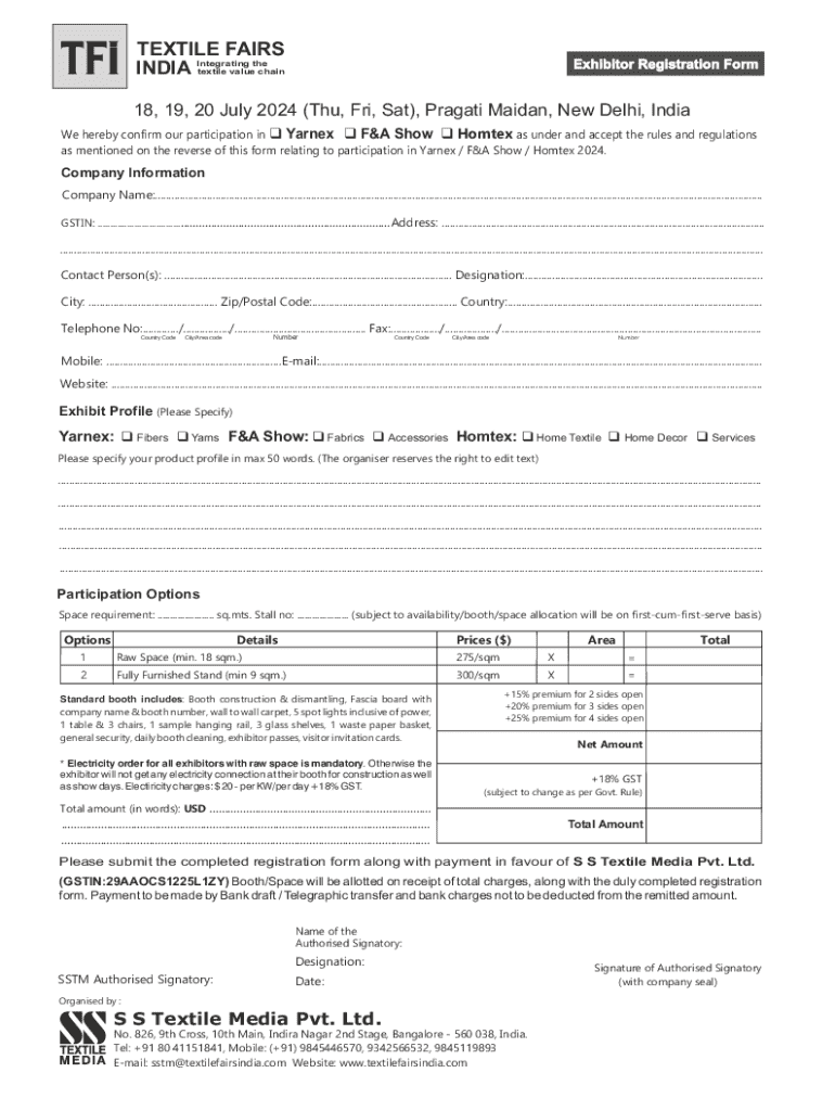 Fillable Online Tf Textile Fairs India - Exhibitor Registration Fax Email Print - pdfFiller