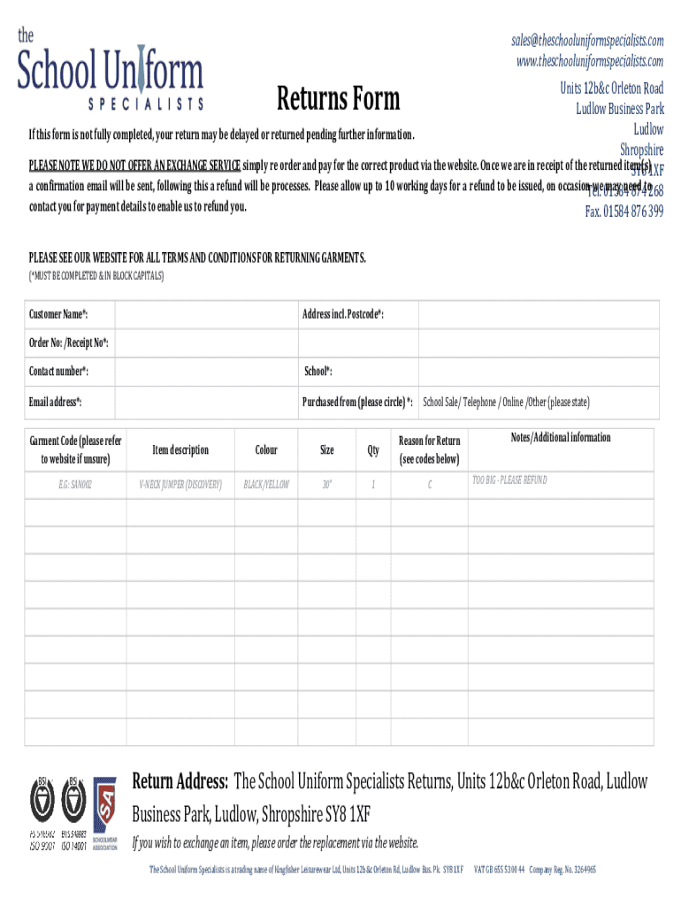 Fillable Online Returns Form Fax Email Print - pdfFiller