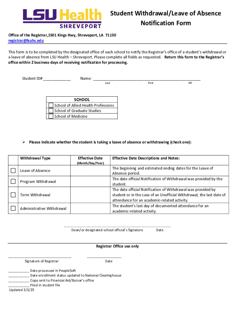 Fillable Online Student Withdrawal/leave of Absence Notification Form Fax Email Print - pdfFiller