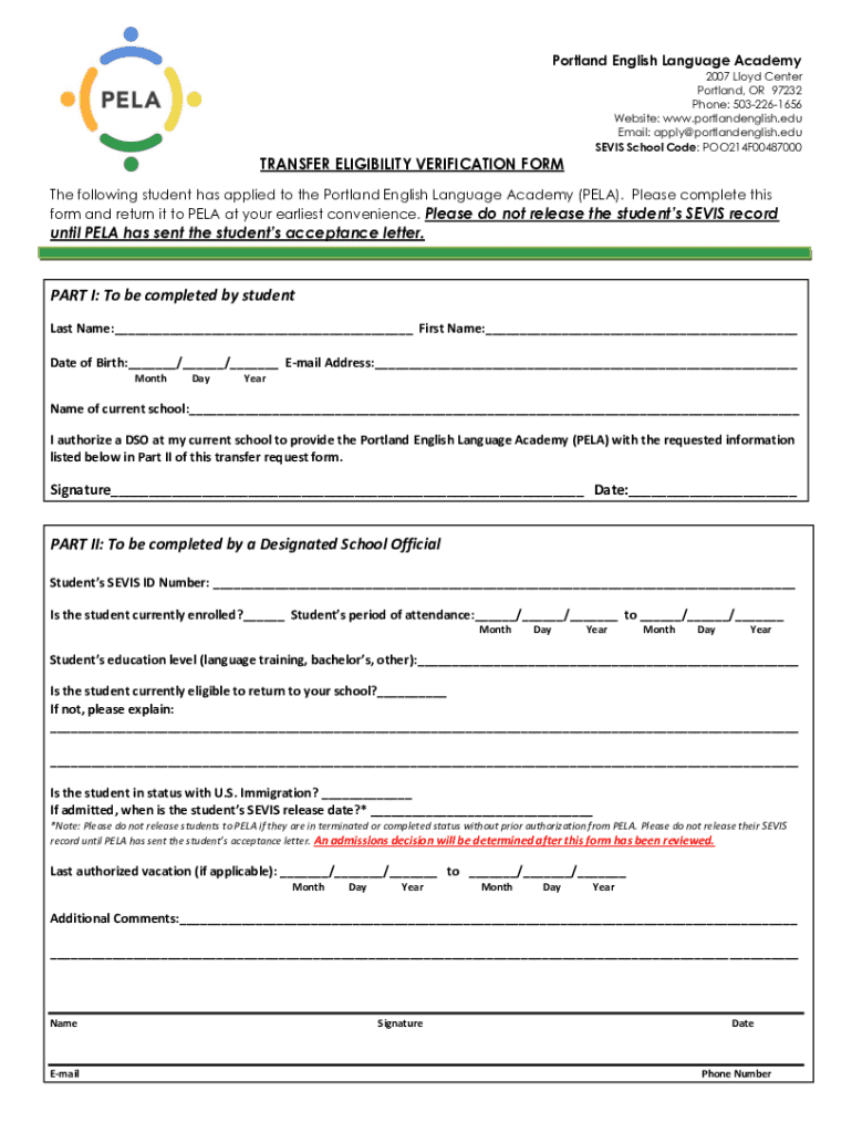 Fillable Online Transfer Eligibility Verification Form Fax Email Print ...