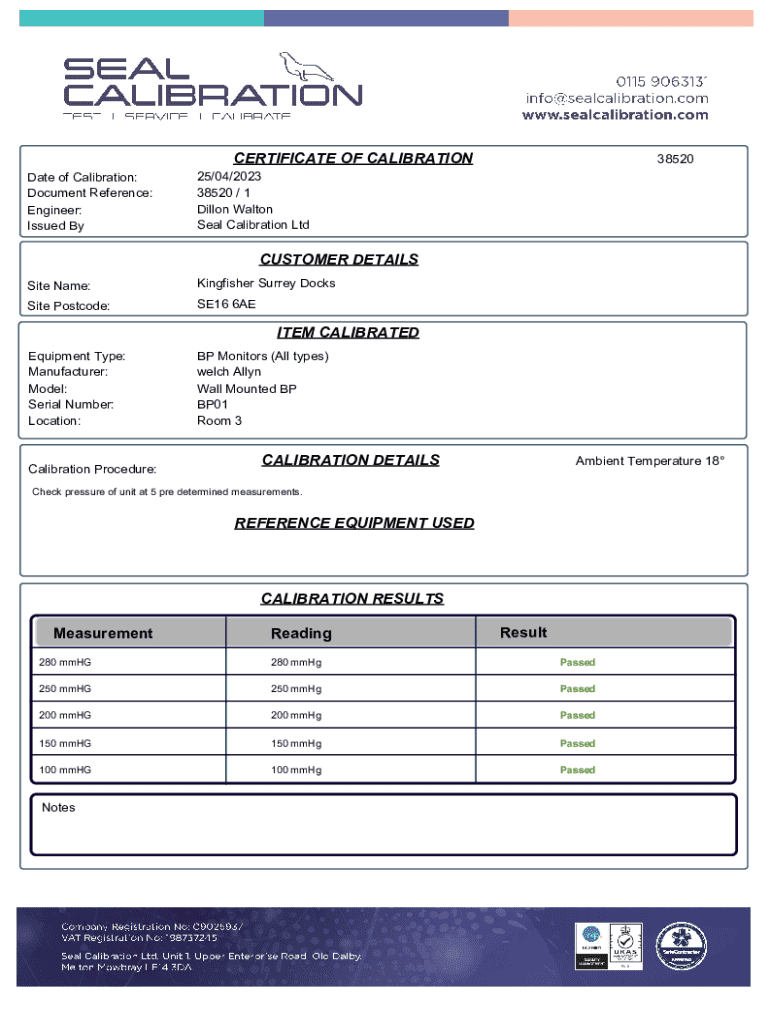 Fillable Online Certificate of Calibration Fax Email Print - pdfFiller