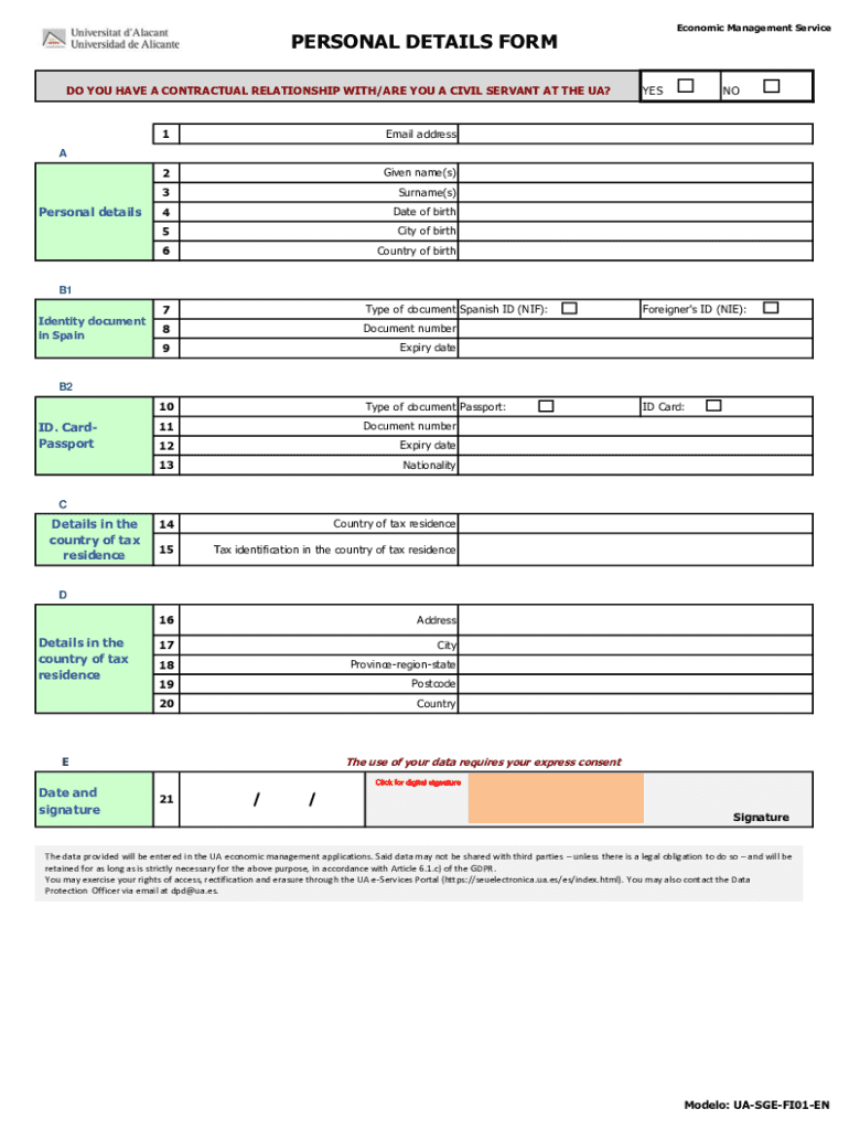Fillable Online Economic Management Service Personal Details Form Fax ...
