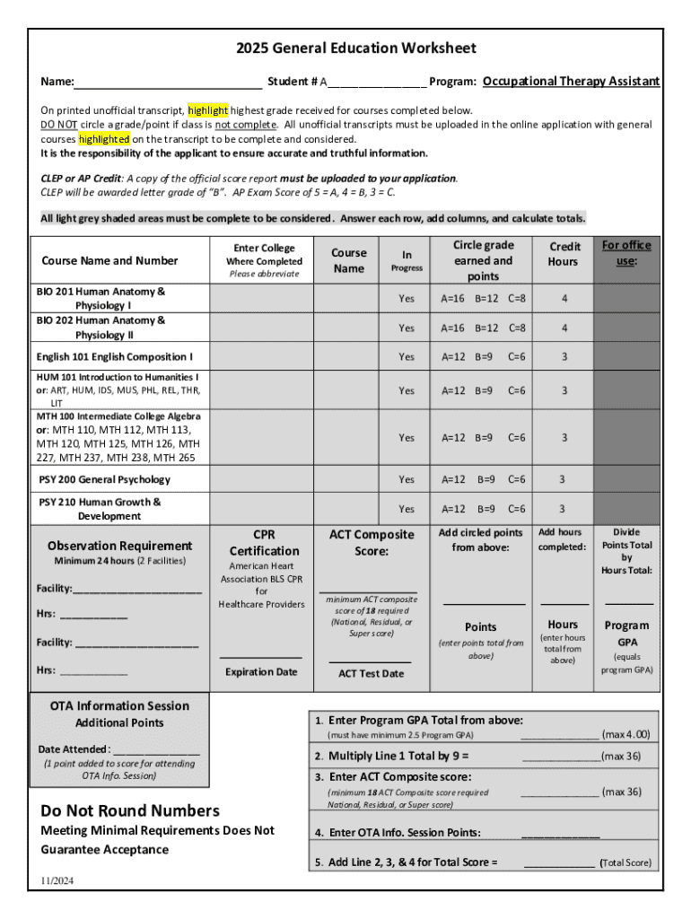 Fillable Online 2025 General Education Worksheet for Occupational ...