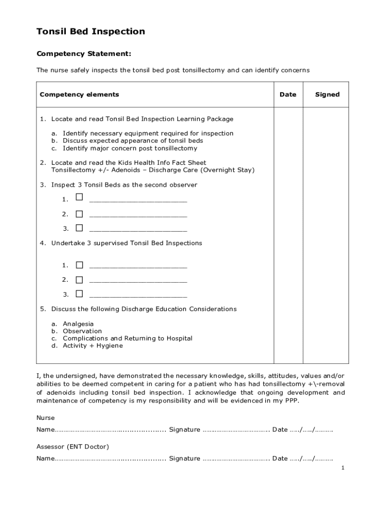 Fillable Online Tonsil Bed Inspection Competency Evaluation Fax Email ...