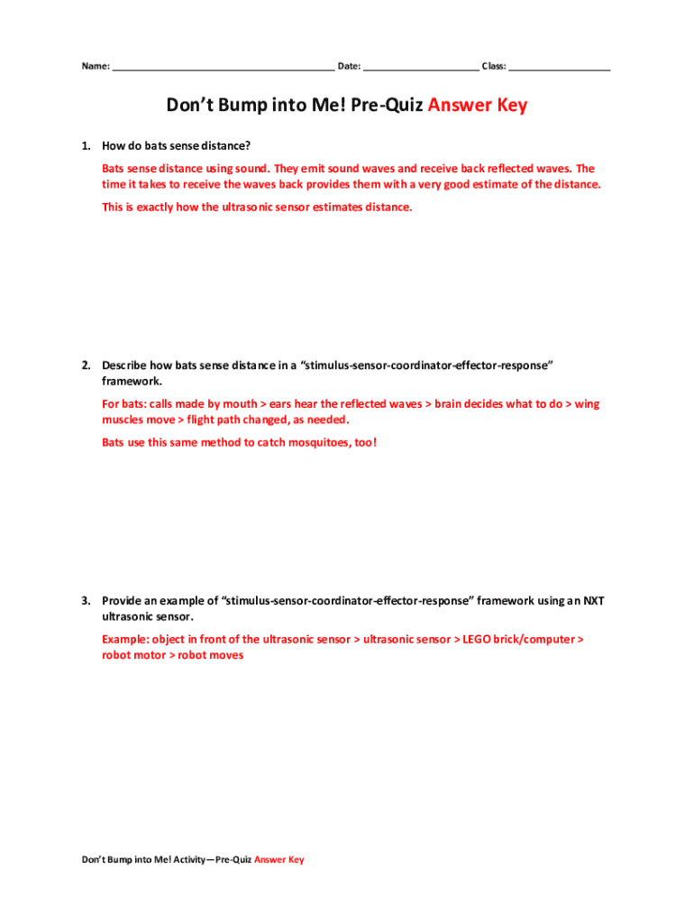 Fillable Online Pre-quiz Answer Key for 'don’t Bump Into Me!' Fax Email ...