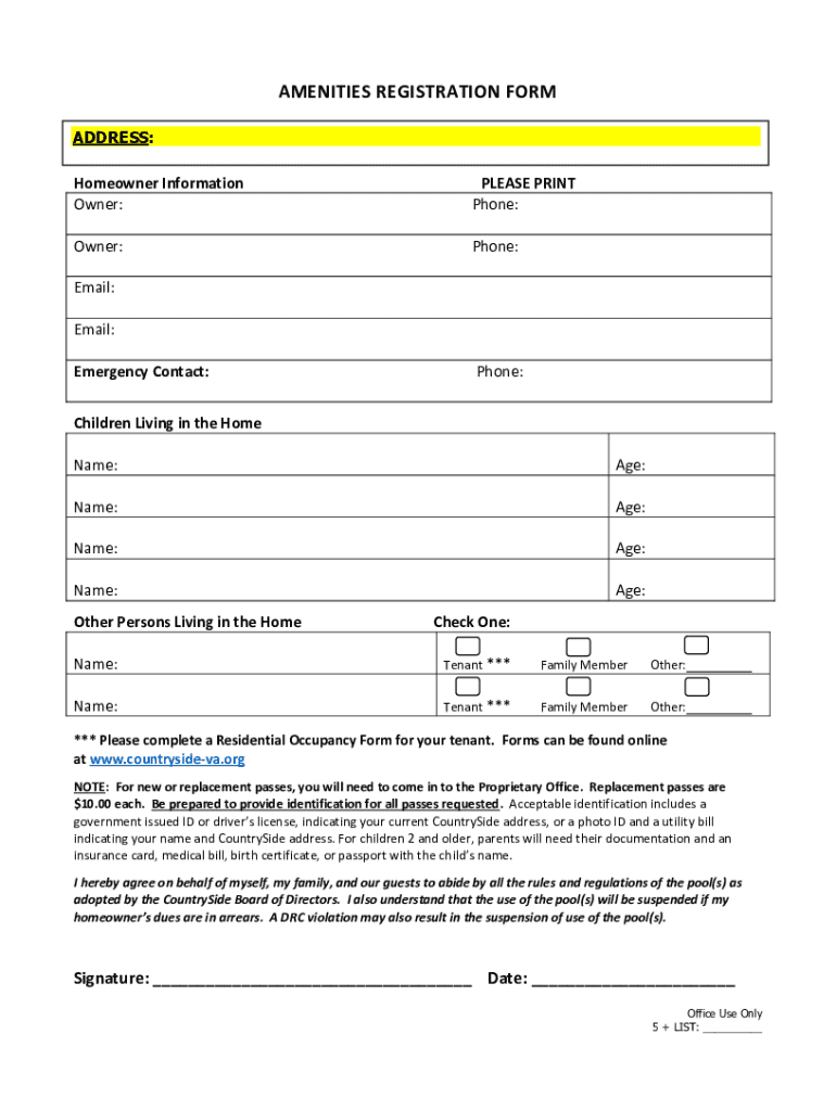 Fillable Online Amenities Registration Form Fax Email Print - pdfFiller