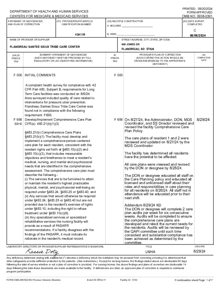 Fillable Online Statement of Deficiencies and Plan of Correction Fax ...