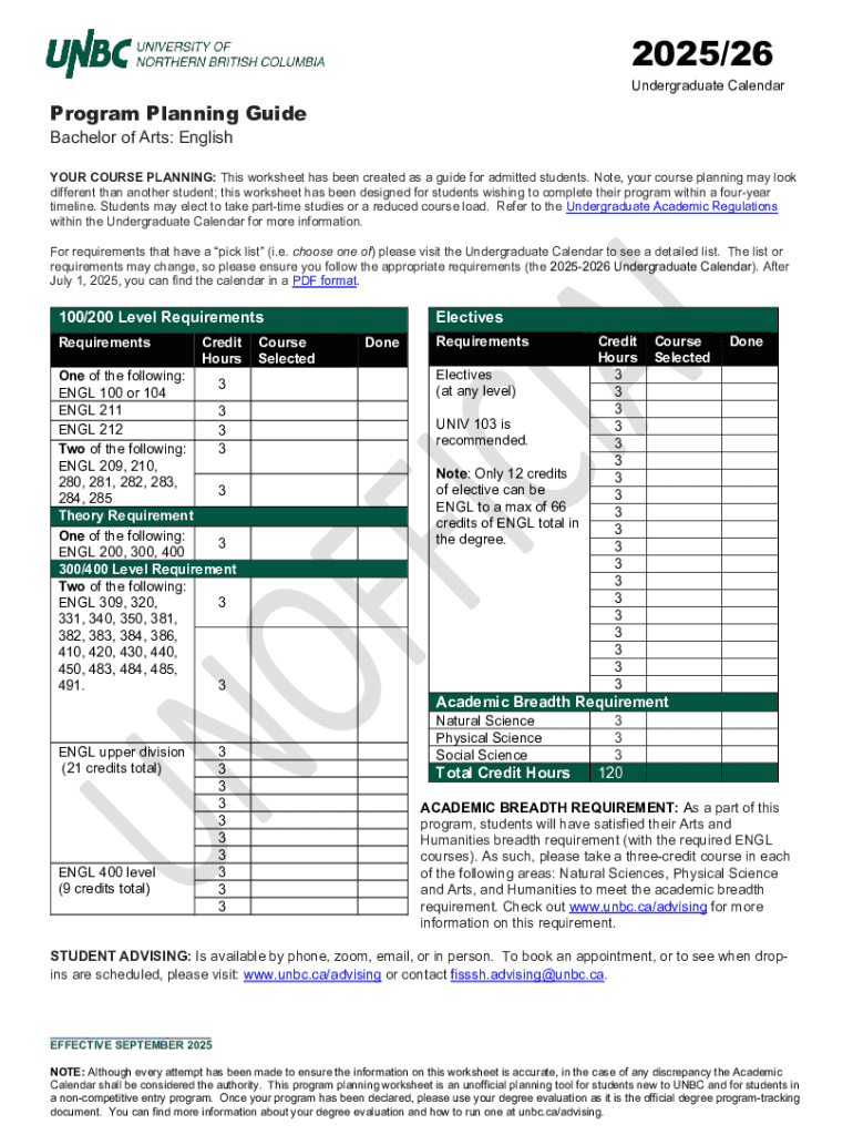 Fillable Online Program Planning Guide Bachelor of Arts: English Fax ...