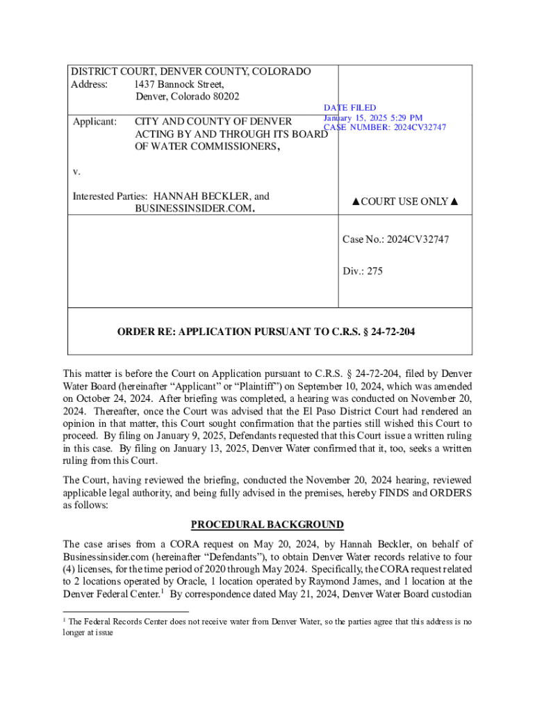 Fillable Online Order Re: Application Pursuant to C.r.s. § 24-72-204 ...
