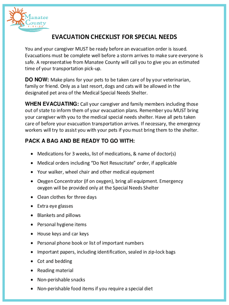 Fillable Online Evacuation Checklist for Special Needs Fax Email Print ...