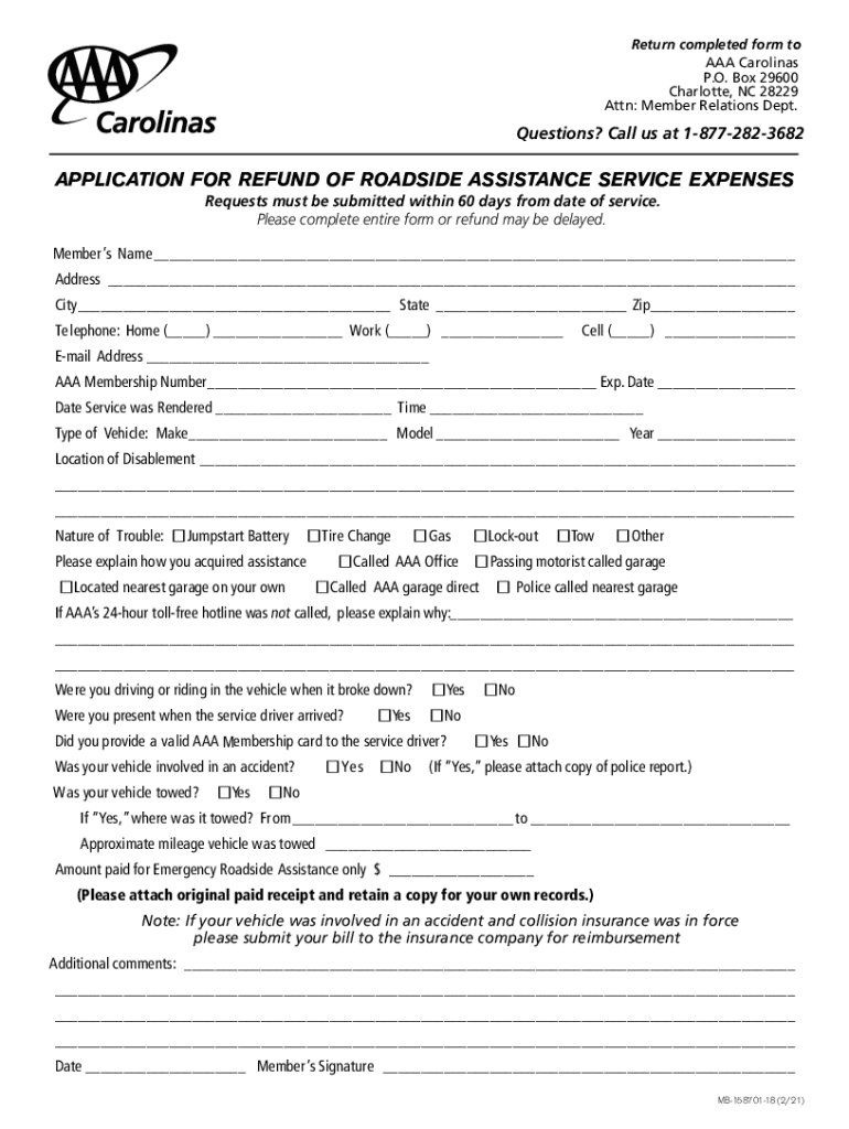 Application for Refund of Roadside Assistance Service Expenses: Fill ...
