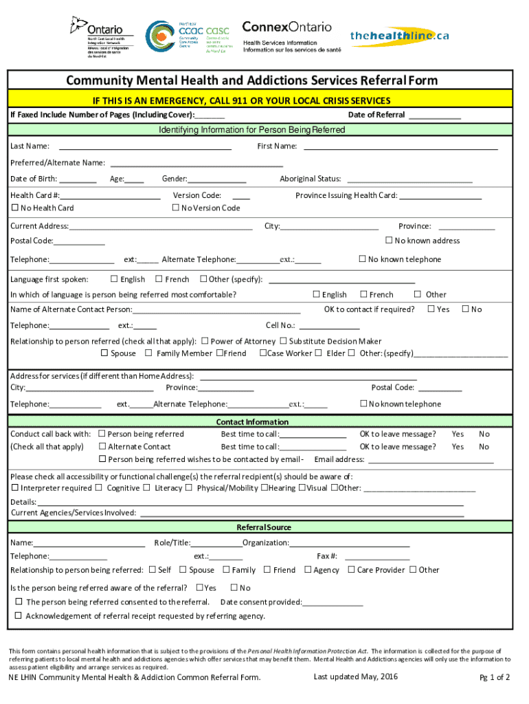 Fillable Online Referral Form for Mental Health and Addictions Services Fax Email Print - pdfFiller