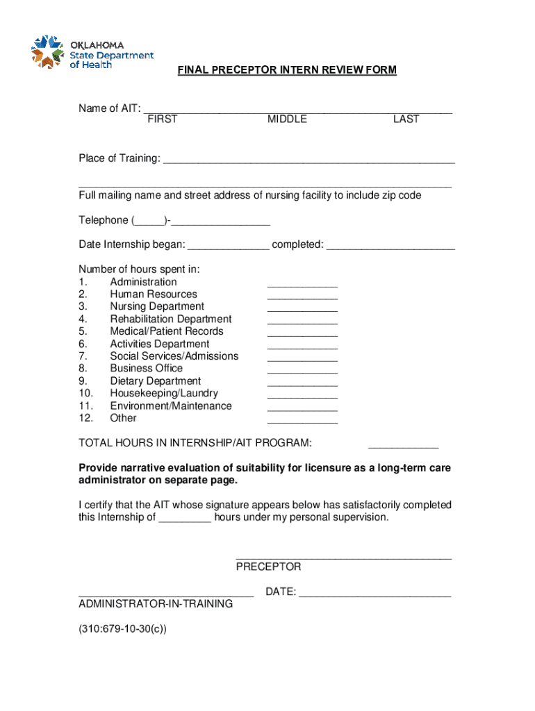 Fillable Online Final Preceptor Intern Review Form Fax Email Print - pdfFiller