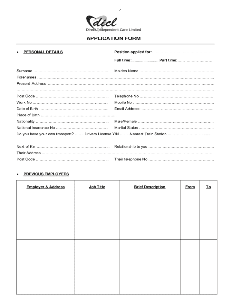 Fillable Online Direct Independent Care Application Form Fax Email ...