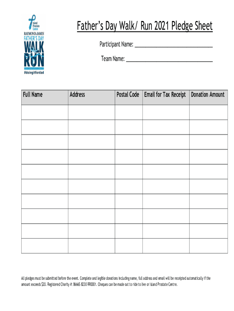 Fillable Online Father’s Day Walk/ Run 2021 Pledge Sheet Fax Email ...