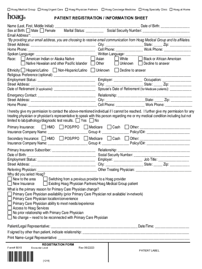 Fillable Online Hoag Medical Group Patient Registration Fax Email Print ...