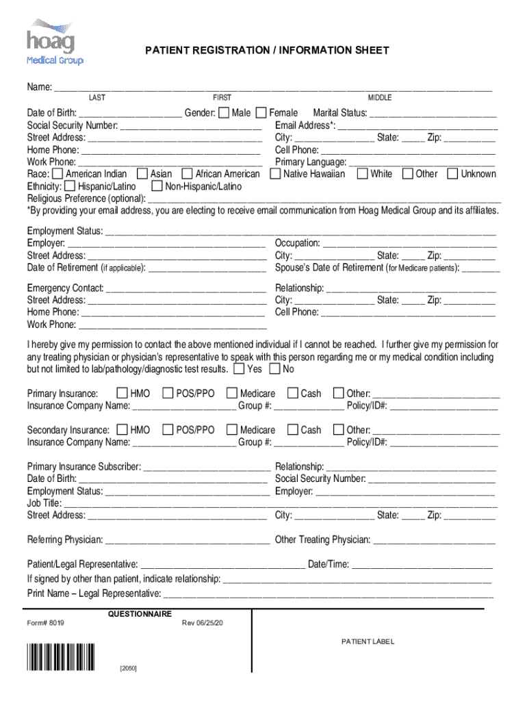 Fillable Online Patient Registration/information Sheet Fax Email Print ...