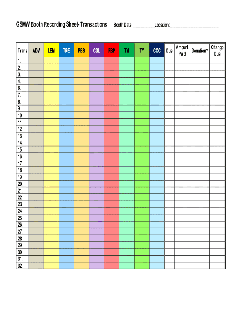 Fillable Online Gsmw Booth Recording Sheet- Transactions Fax Email ...