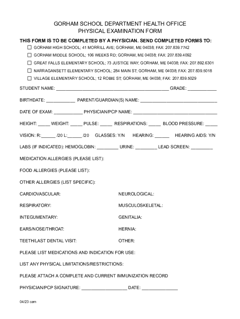 Fillable Online Gorham School Department Health Office Physical Examination Form Fax Email Print ...