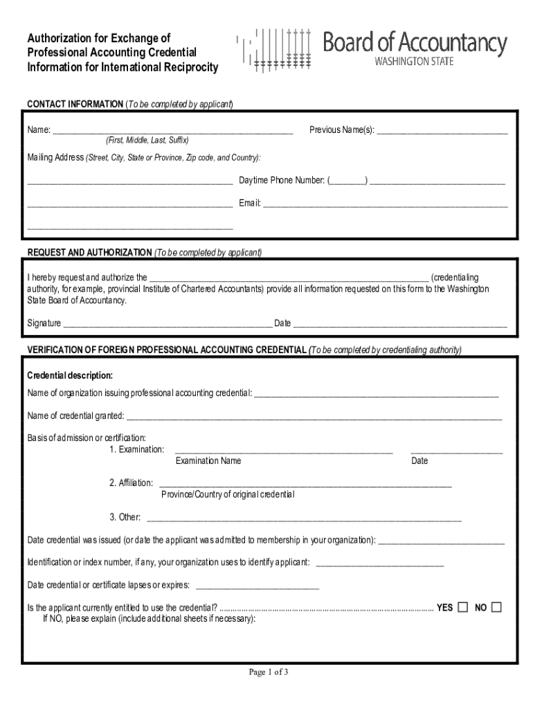 Fillable Online Authorization for Exchange of Professional Accounting Credential Information Fax ...
