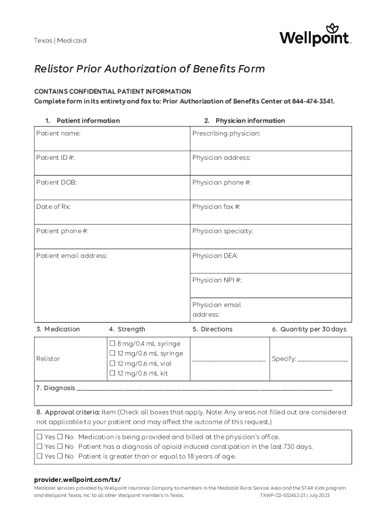 Fillable Online Relistor Prior Authorization of Benefits Fax Email Print - pdfFiller