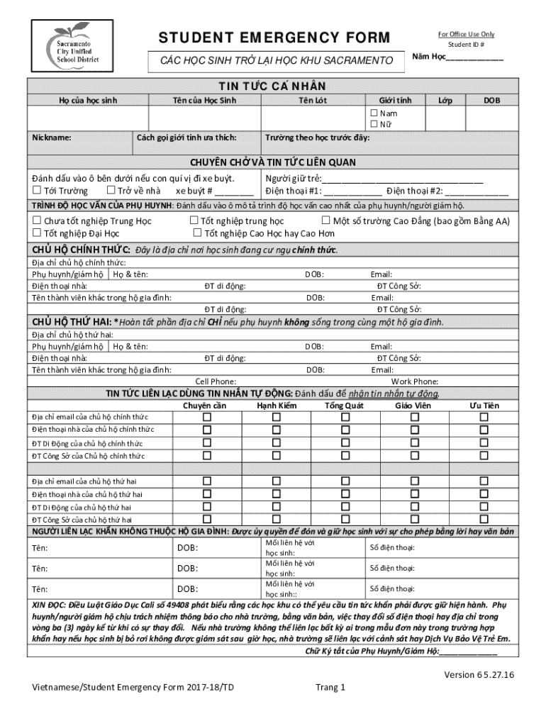 Fillable Online Mẫu Đơn Khẩn Cấp Học Sinh Fax Email Print - pdfFiller